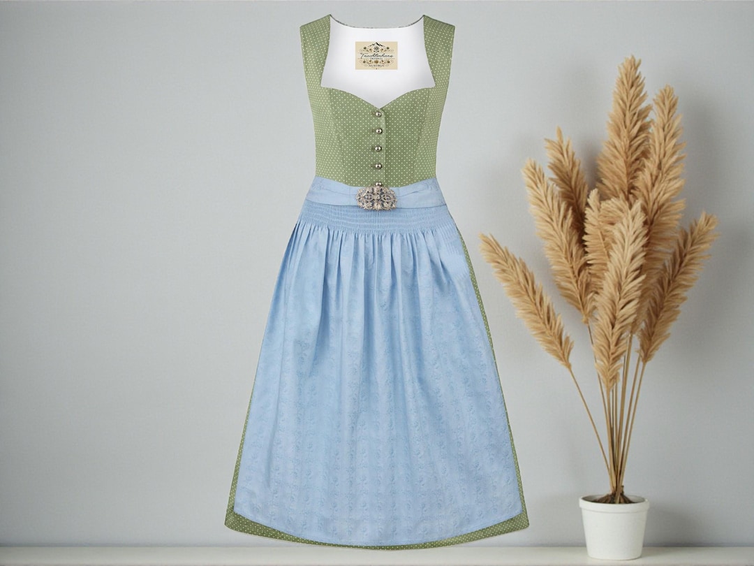 Sage/light Blue Cotton Dirndl – Traditional Dress With Floral Apron ...