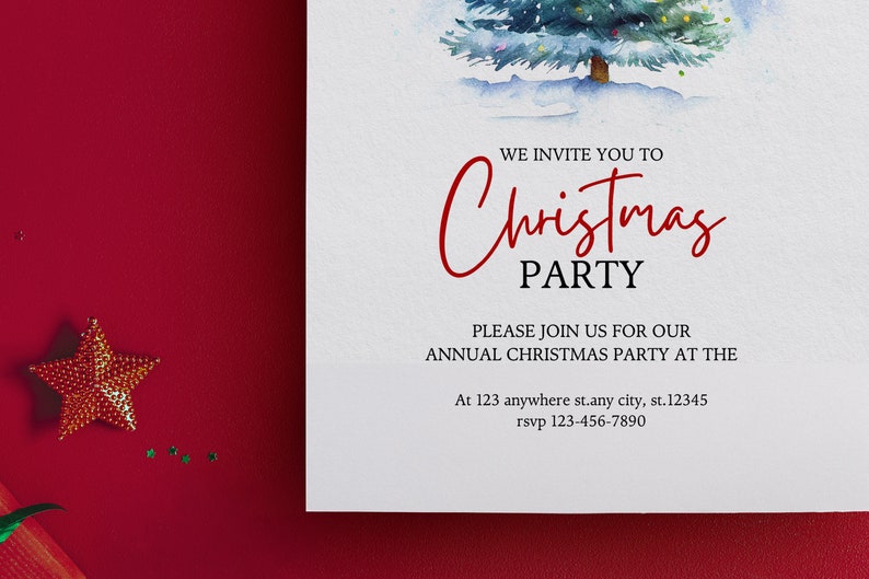 Editable Watercolour Christmas Tree Invitation Digital Template | Canva ...