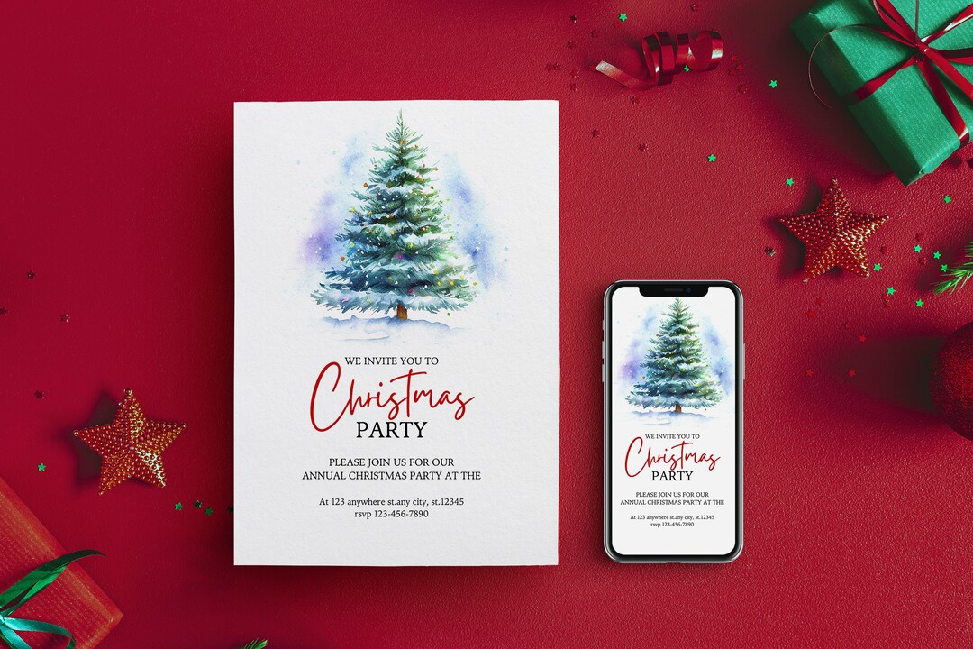 Editable Watercolour Christmas Tree Invitation Digital Template | Canva ...
