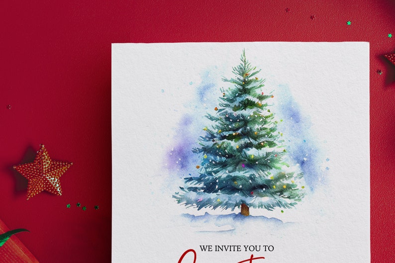 Editable Watercolour Christmas Tree Invitation Digital Template | Canva ...