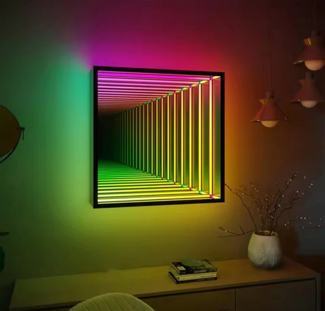 Infinity Mirror Square LED Wall Lamp, Animated RGB Colour Changing Wall ...