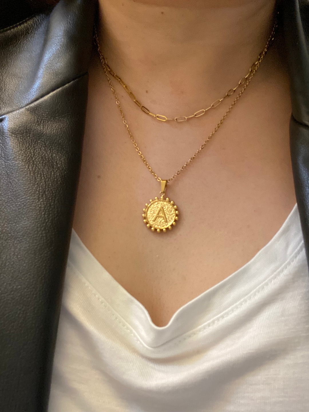 Two Layered Symbol A Coin Necklace for Her , Gold Initial Coin Pendant ...