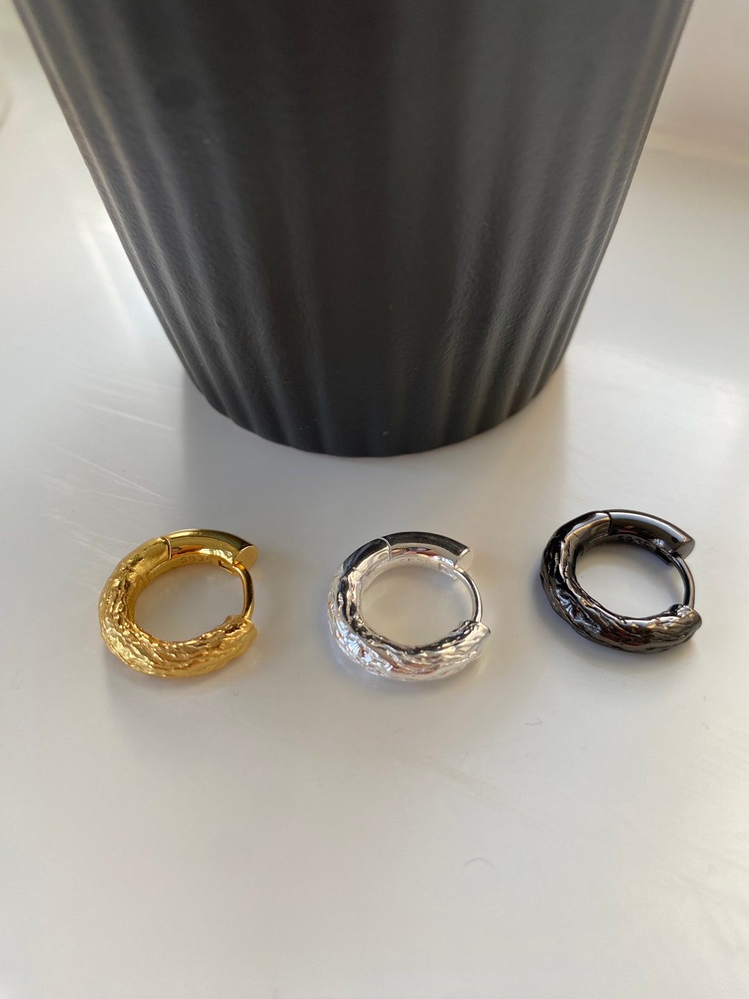 Hammered Ridge Hoop Earrings, Unisex Chunky Hoops, Black Rhodium or ...