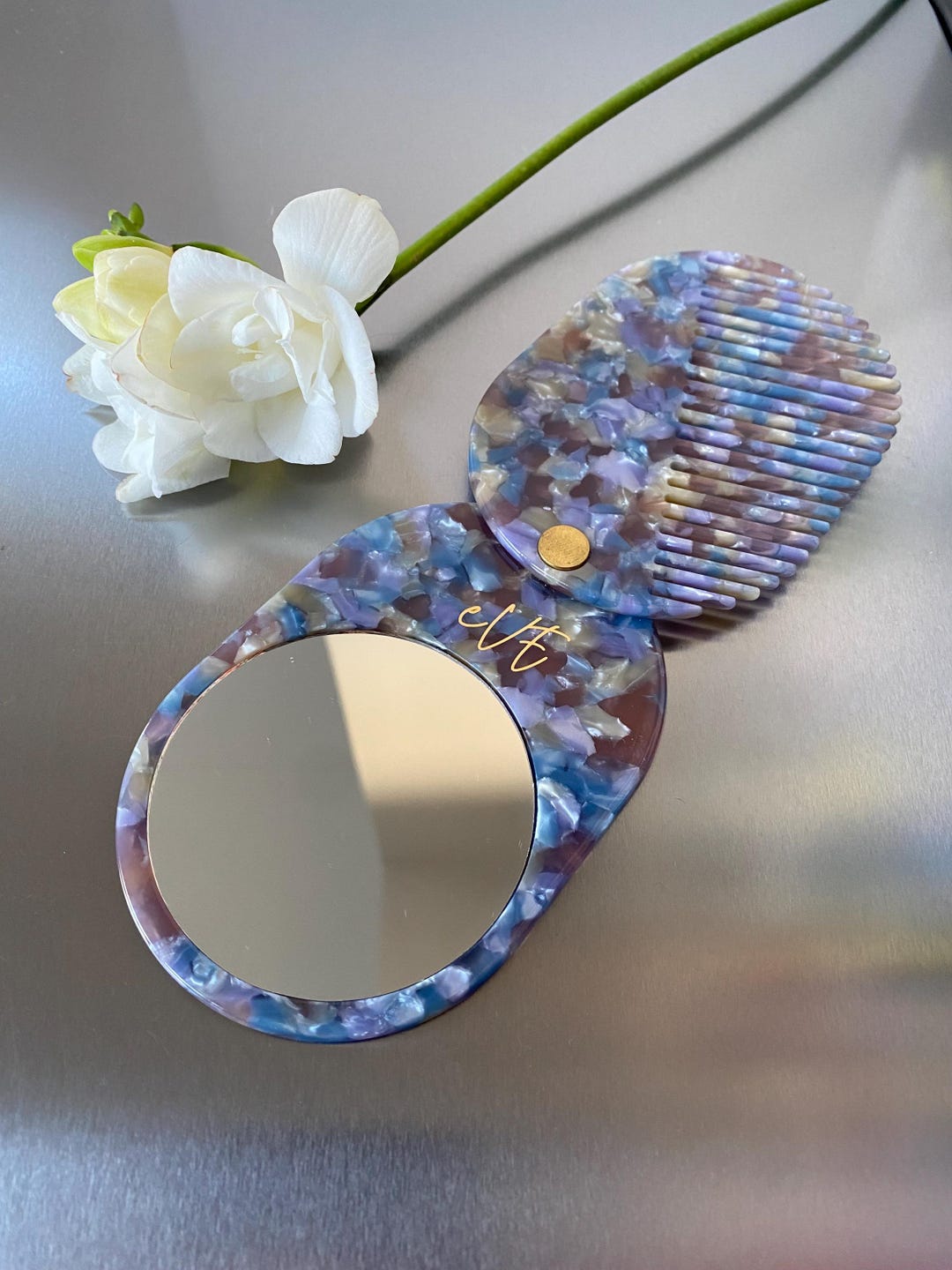 Purple Pocket Mirror and Comb Set, Acetate Hand Mirror Comb for Purse ...