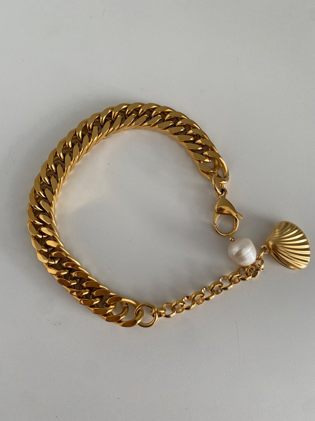 Chunky Cuban Bracelet With Freshwater Pearl, Stainless Steel, 18k Gold ...