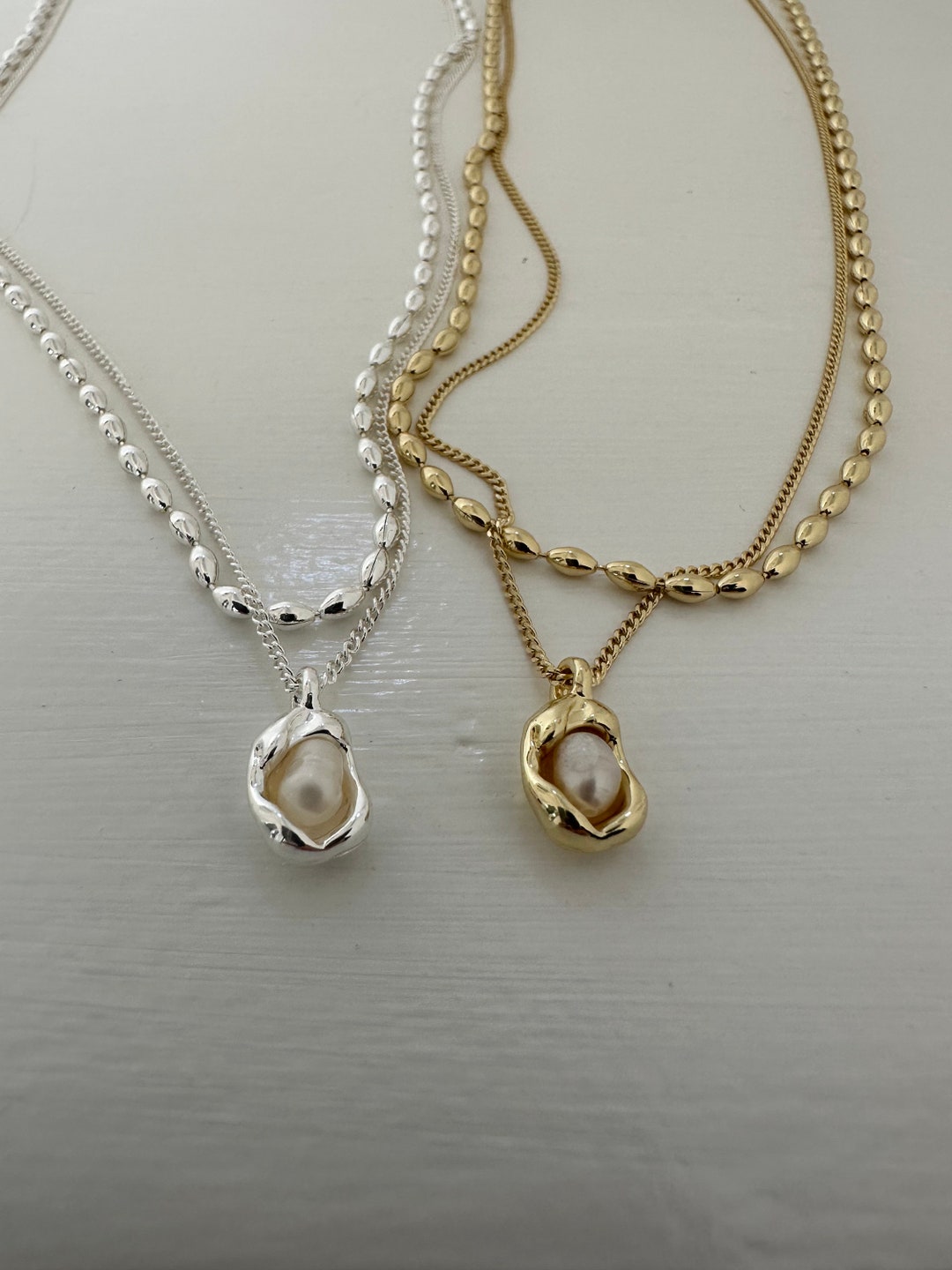 Double Layered Pearl Charm Necklace, Freshwater Pearl Mini Nugget ...