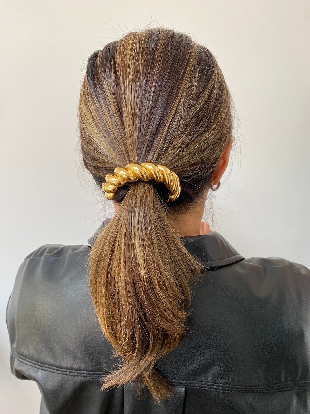 Gold Twisted Hair Cuff, Dome Croissant Hair Ponytail, Glossy Twist Cuff ...