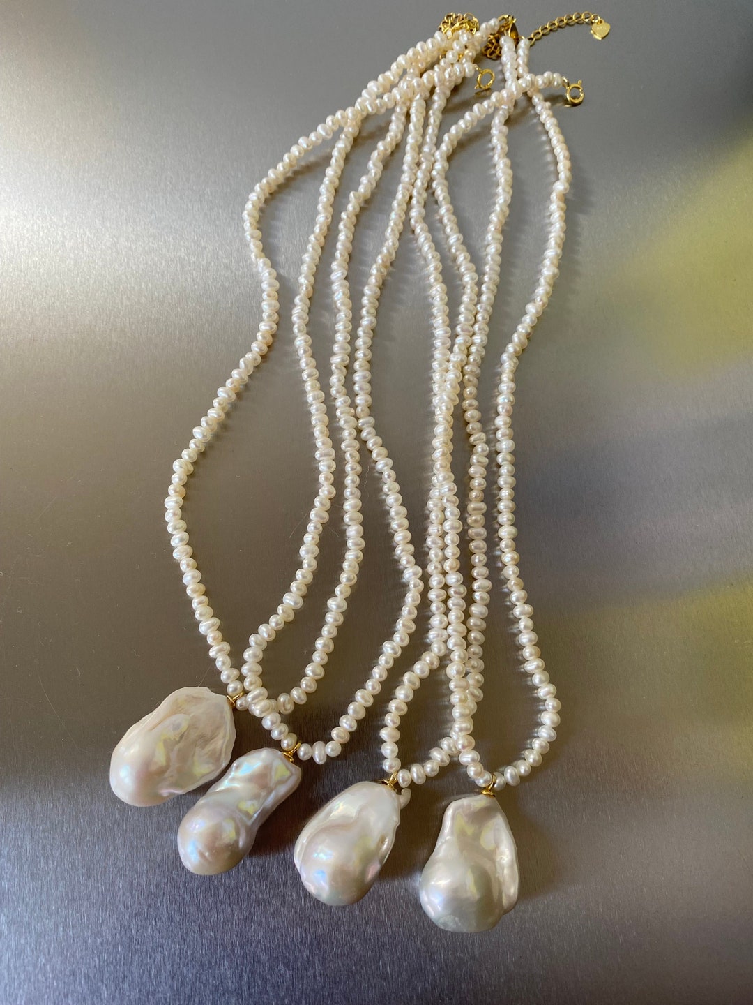 Dainty Fireball Pearl Pendant Necklace, Mini Rice Pearl Necklace ...