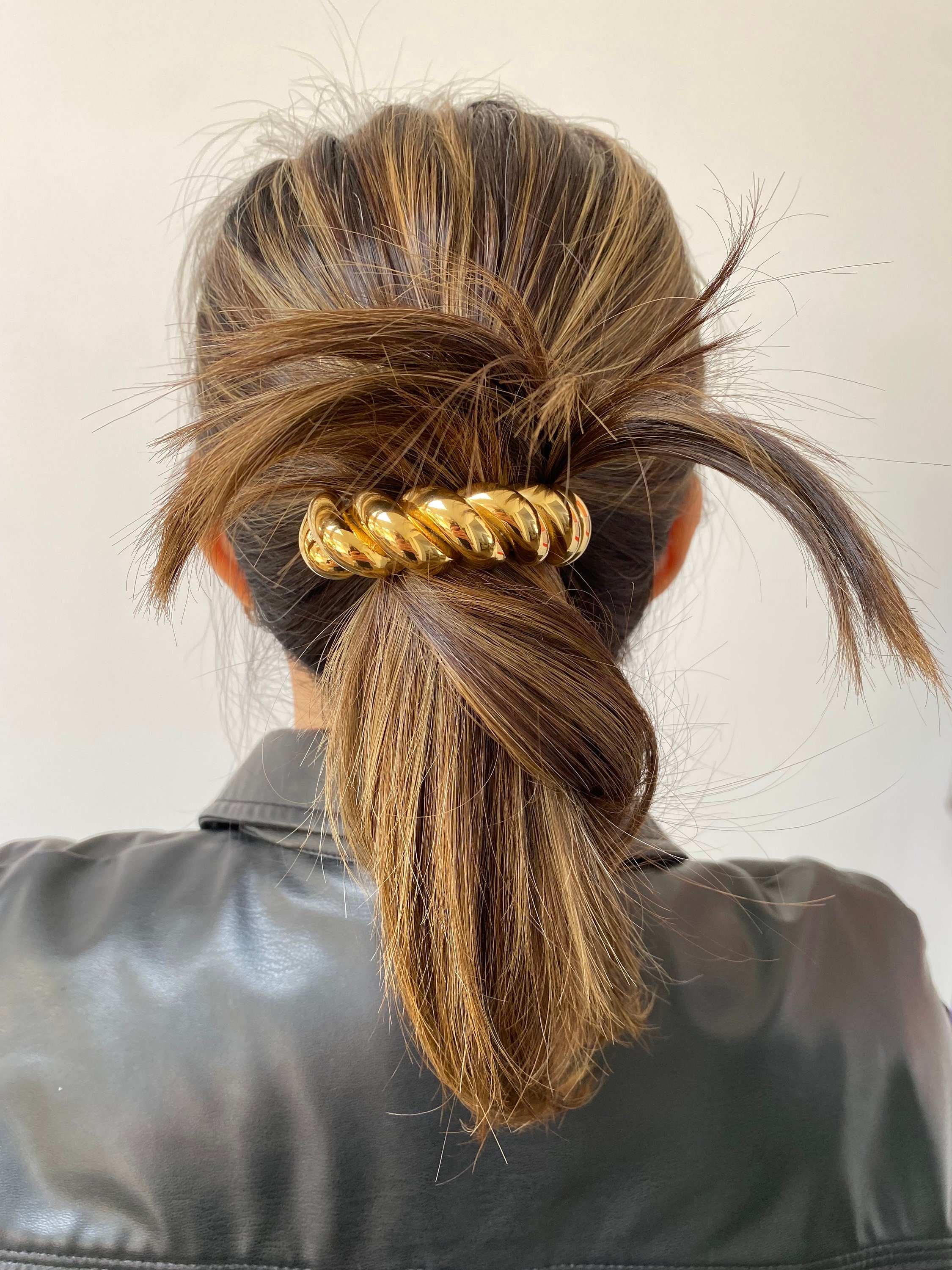 Gold Glossy Croissant Hair Cuff, Twisted Thick Metal Ponytail Holder ...