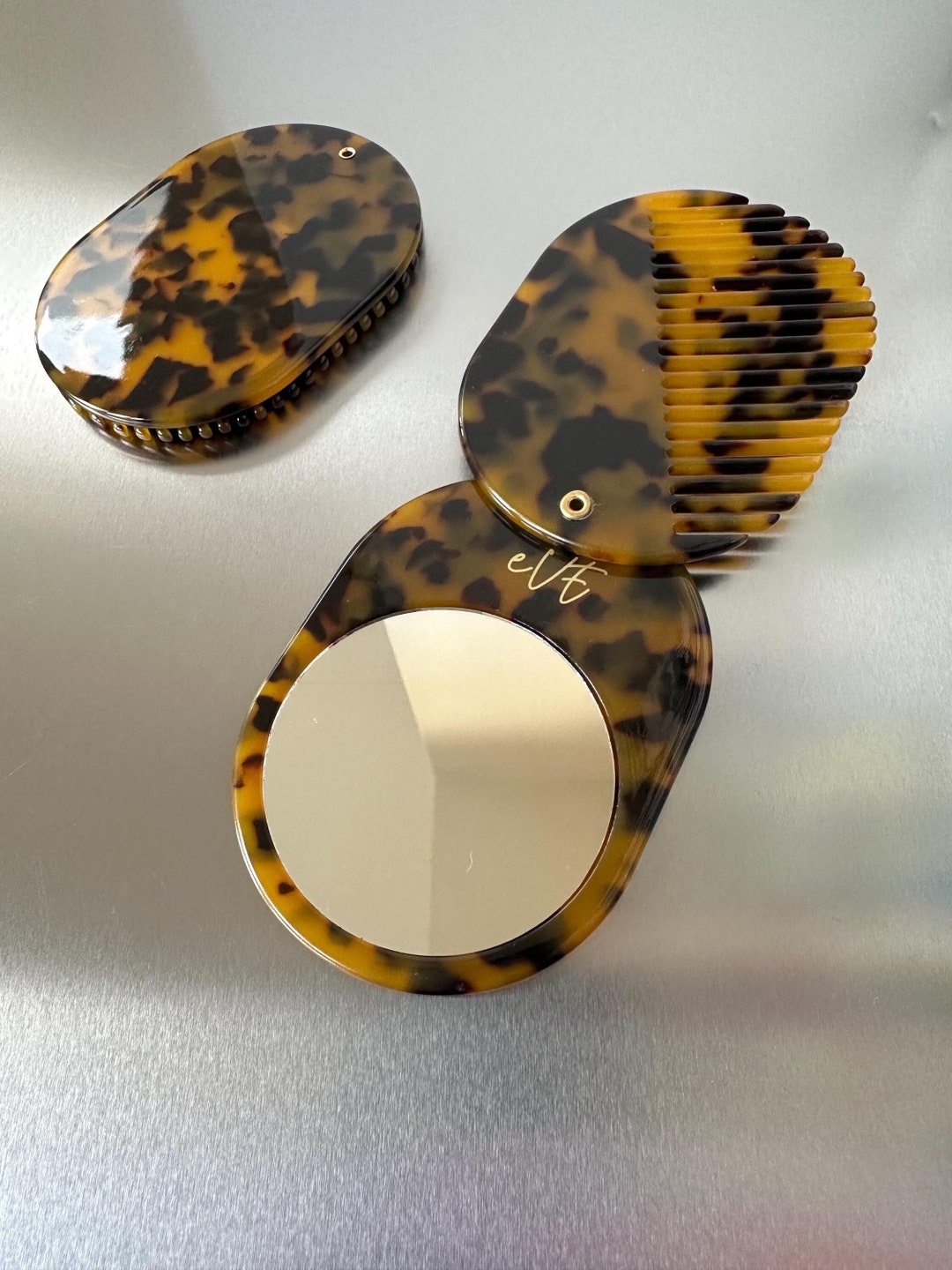 Tortoise Acetate Mirror Comb Compact Set: Travel Purse Accessory - Etsy