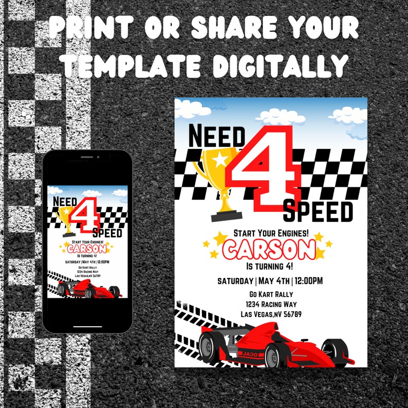 Need 4 Speed Birthday Invitation, Race Car Invitation, Speed Racer, 4 ...