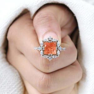 Natural Sunstone Unique Engagement Ring Marquise Cut Diamond Cluster ...