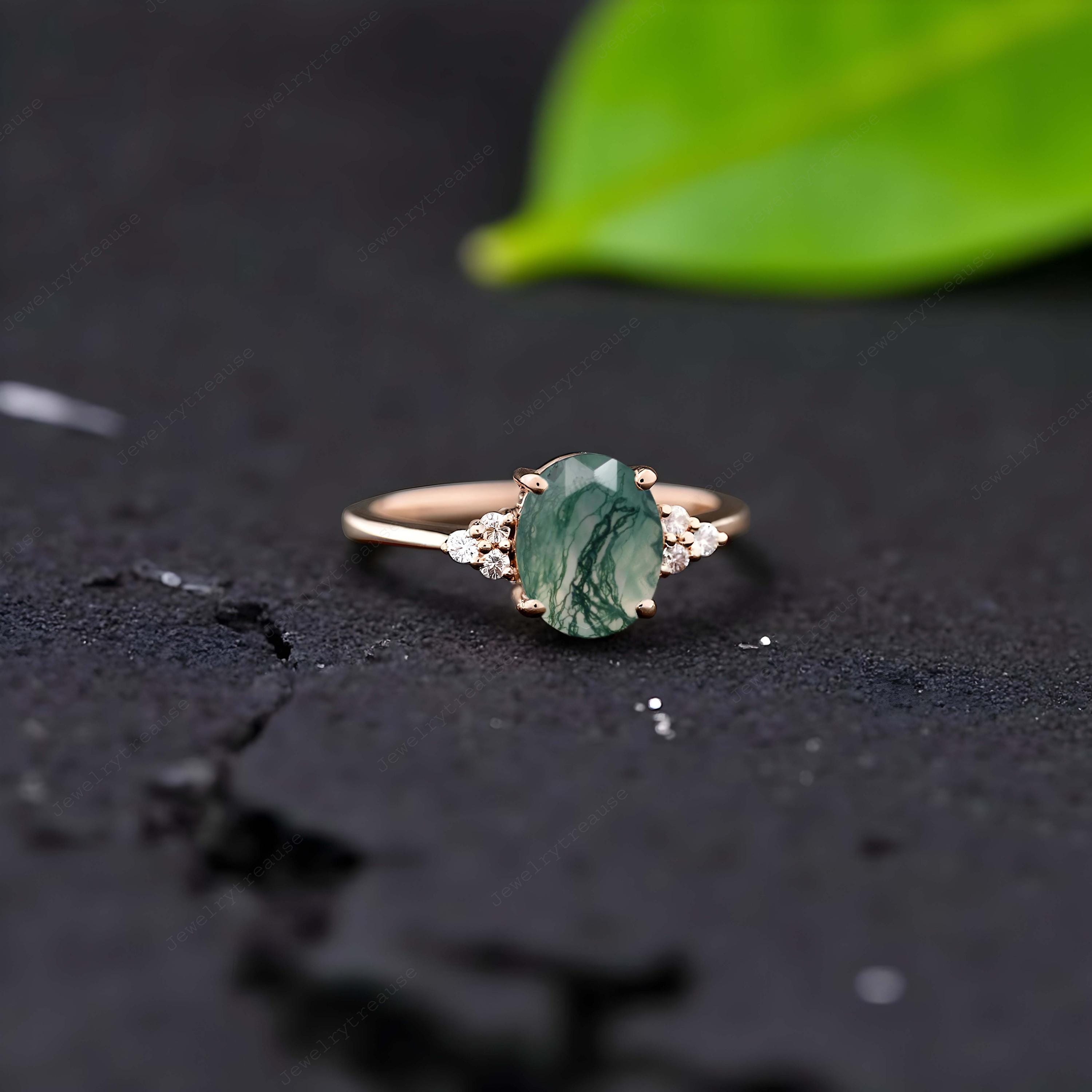Oval Natural Green Moss Agate Engagement Ring,14k Solid Gold Wedding ...