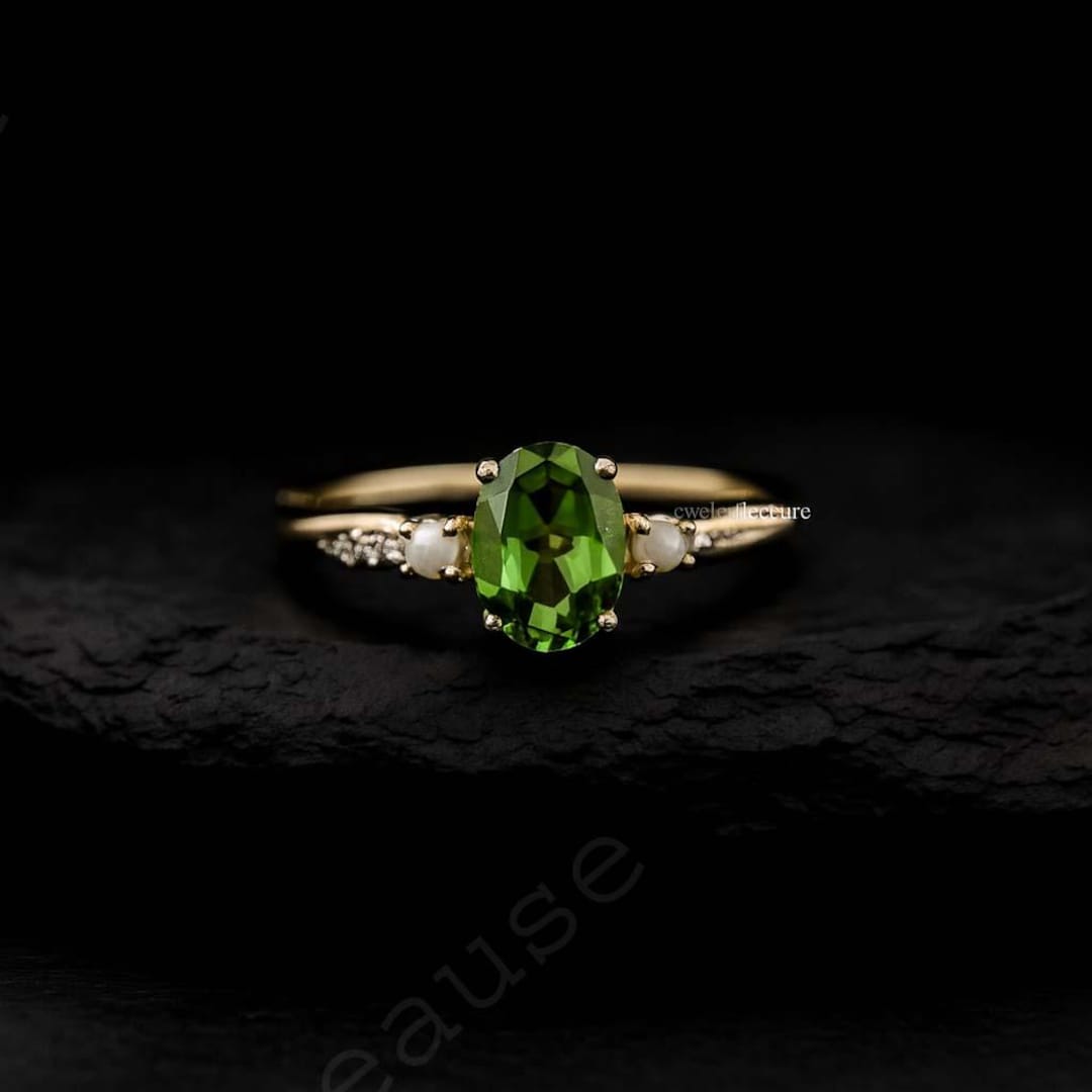 Oval Shape Peridot Engagement Ring Yellow Gold Plated Fresh Water Pearl ...