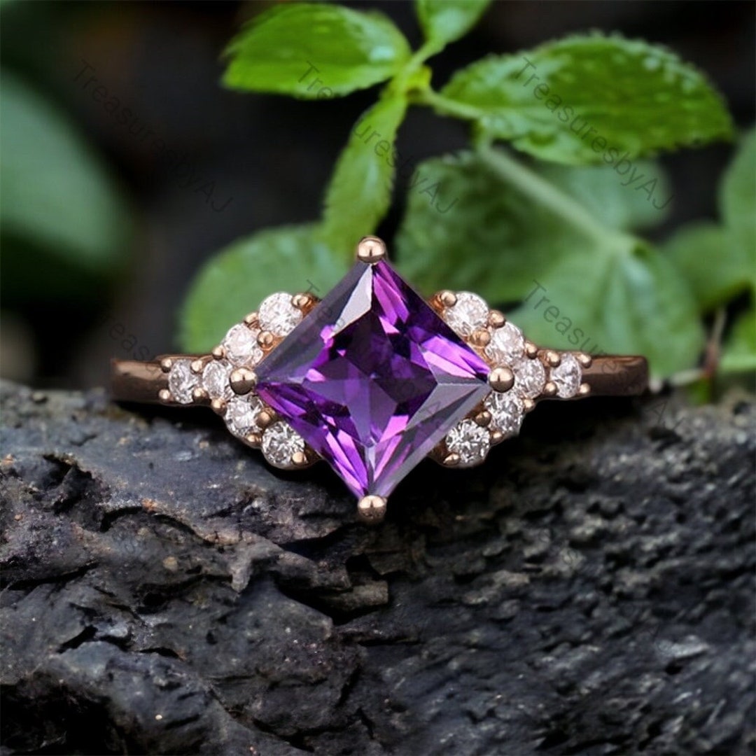 Princess Cut Amethyst Engagement Ring Rose Gold Plated Bridal Ring ...