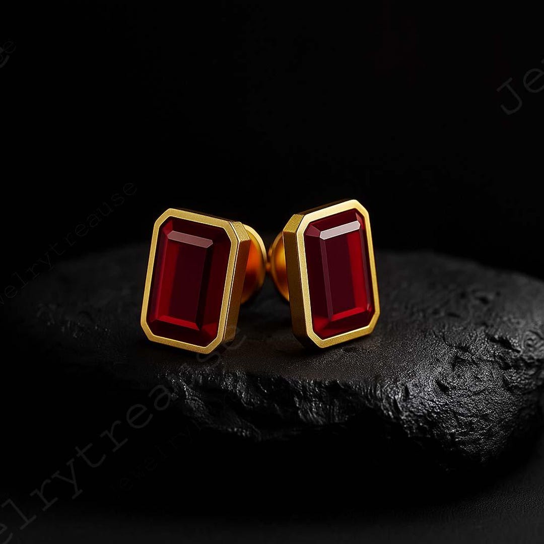 Ruby Stud Earrings, Emerald Cut Red Gemstone Earrings, 14K Gold ...
