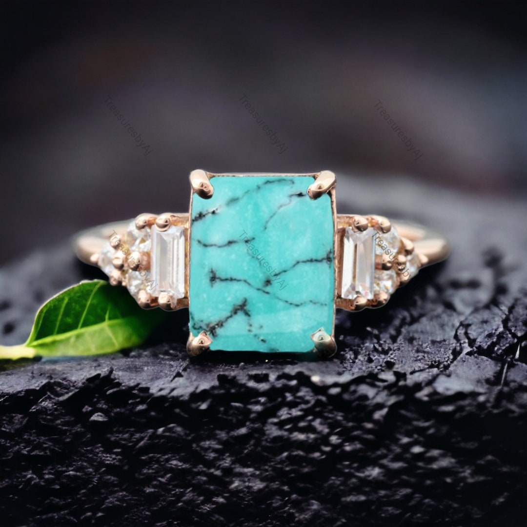 Emerald Cut Turquoise Engagement Ring, 10k Yellow Gold Bridesmaid Jewelry, Art Deco Promise Ring ...
