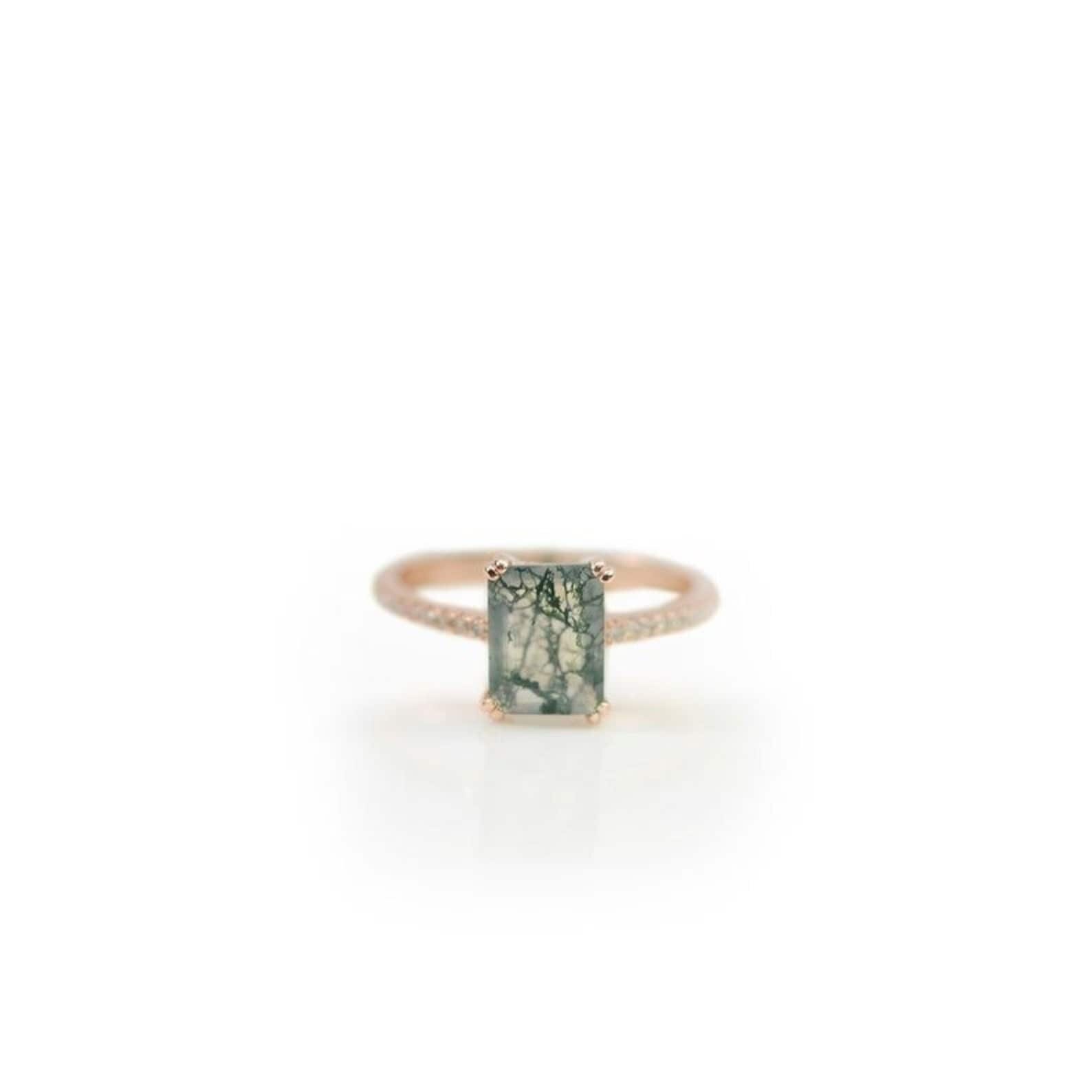 Natural Moss Agate Ring-emerald Cut Moss Agate Ring-gold-silver ...