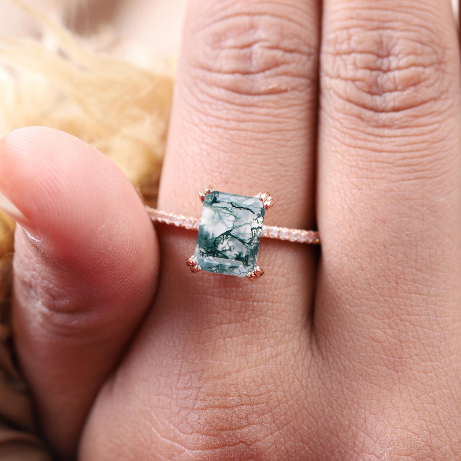 Natural Moss Agate Ring-emerald Cut Moss Agate Ring-gold-silver ...