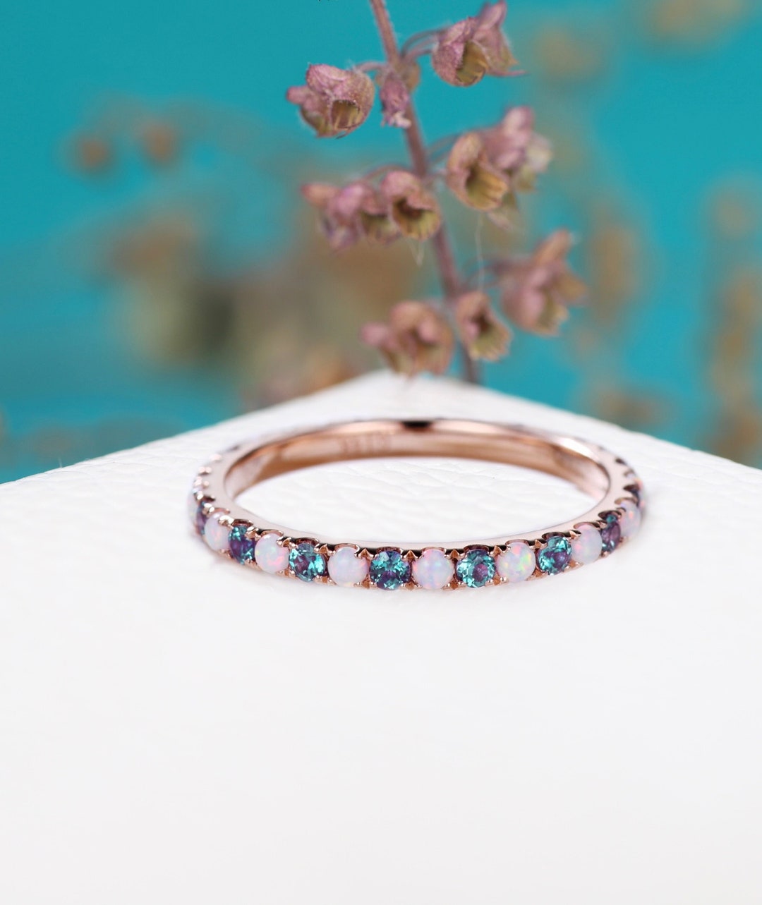 Round Cut Alexandrite Opal Full Eternity Engagement Band 14k Rose Gold ...