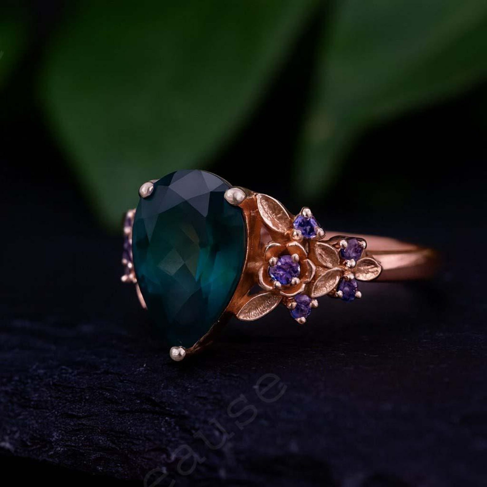 Teal Sapphire Engagement Ring, Peat Cut Green Wedding Ring, Rose Gold ...