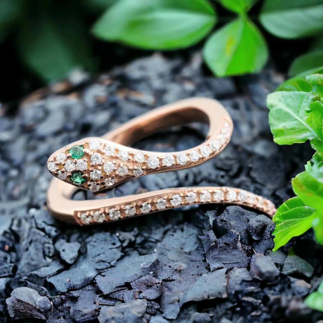 14K Solid Gold Serpent Ring, Art Deco Snake Ring, Occult Adjustable Ring, Animal Open Diamond ...