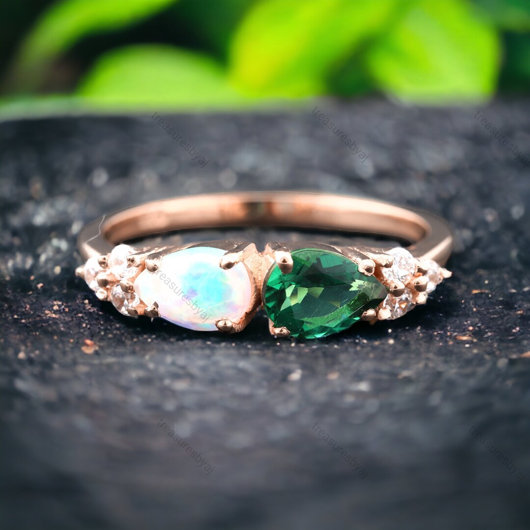 Teardrop Fire Opal Emerald Ring, Unique Bridal Promise Ring, Diamond ...