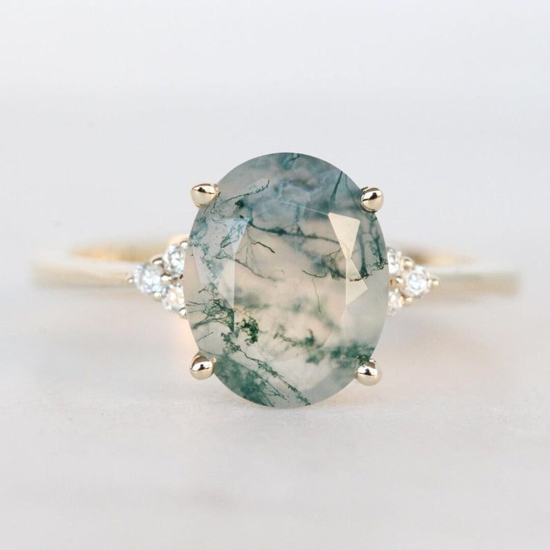Oval Natural Green Moss Agate Engagement Ring,14k Solid Gold Wedding ...