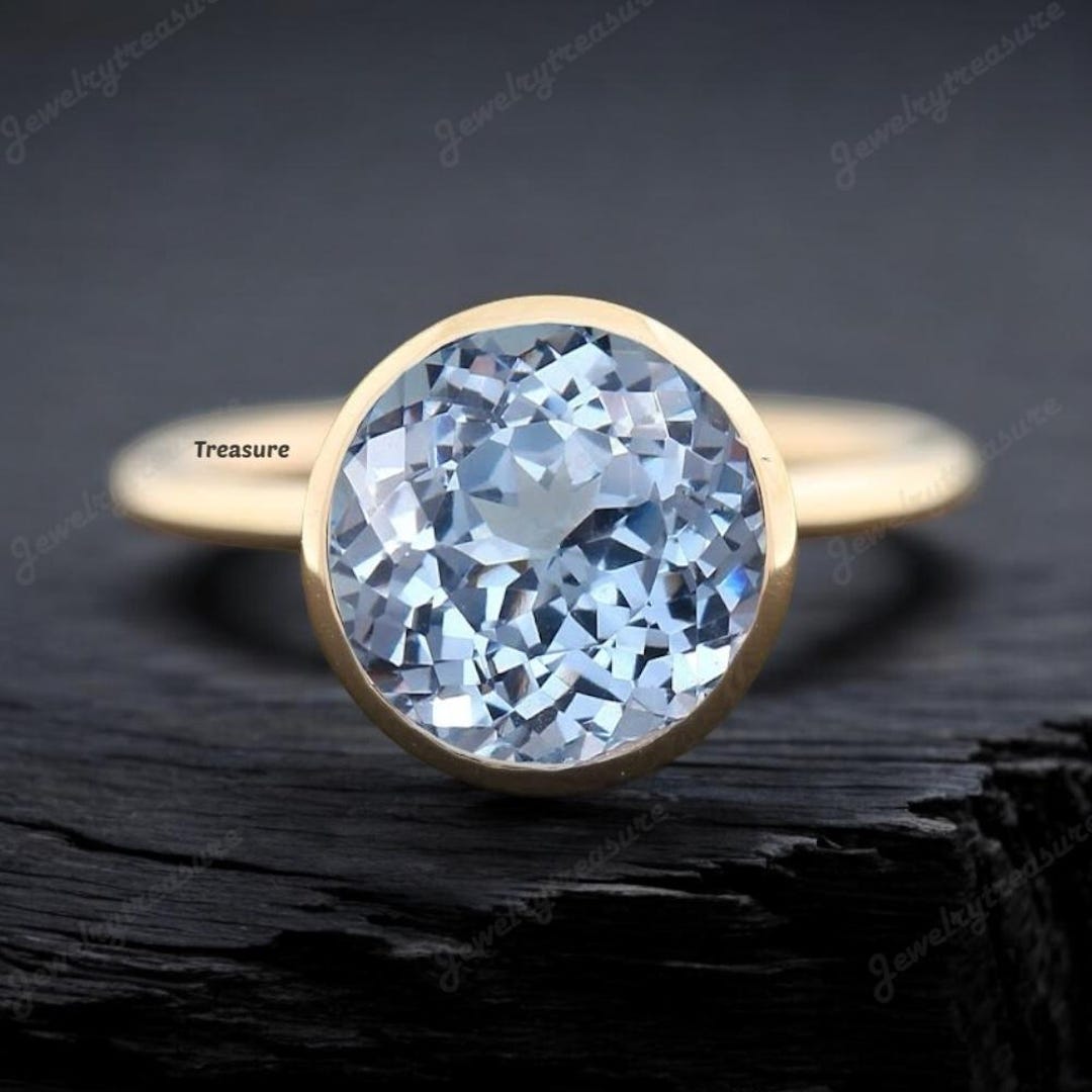 Flawless Brazilian Round Aquamarine Ring - Bezel Set Women's Solitaire ...