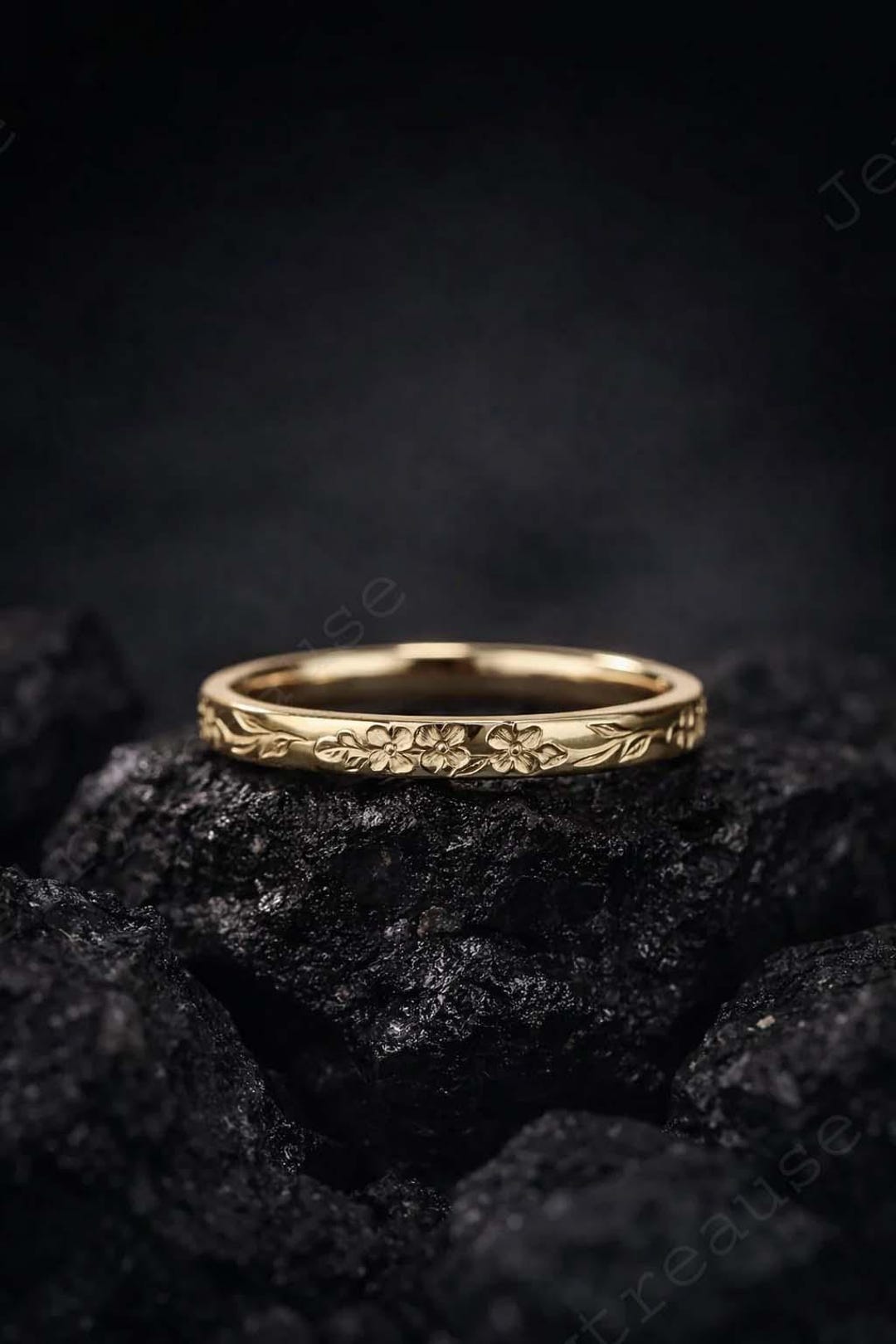 2.2MM Solid Gold Birth Flower Ring Natural Inspired Leaf Wedding Band ...