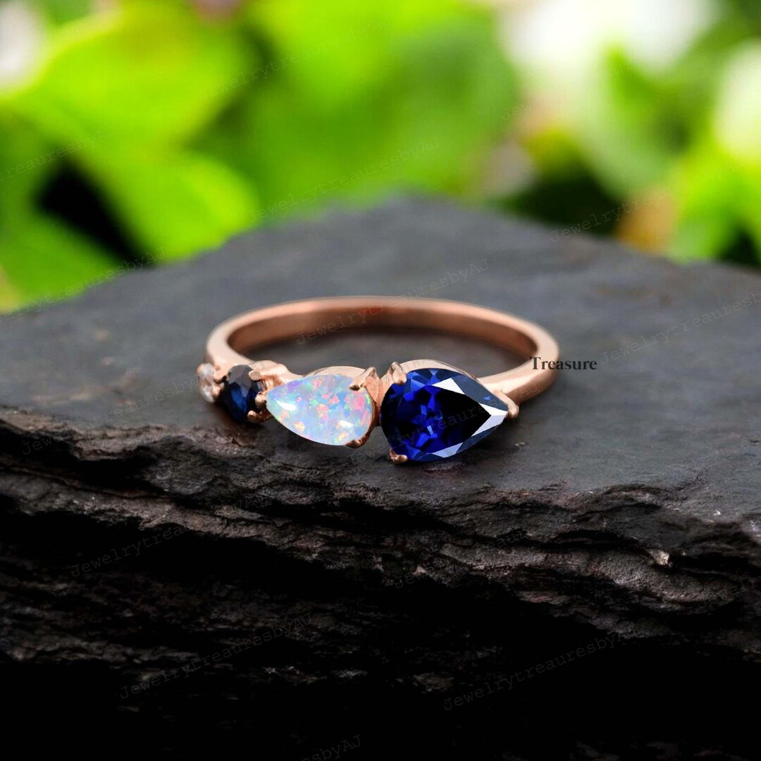 Vintage Blue Sapphire Engagement Ring Pear Cut Opal Gems Ring Art Deco ...