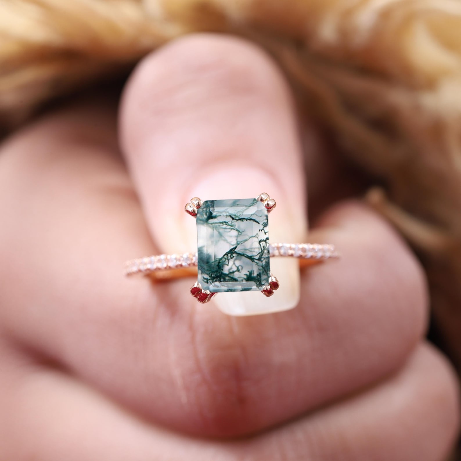 Natural Moss Agate Ring-emerald Cut Moss Agate Ring-gold-silver ...