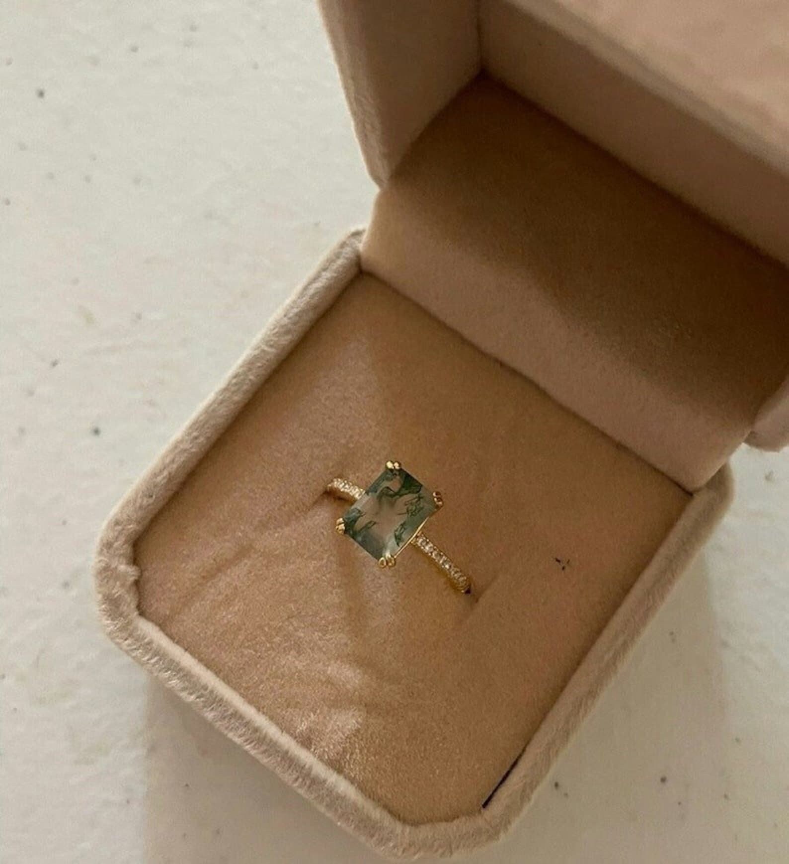 Natural Moss Agate Ring-emerald Cut Moss Agate Ring-gold-silver ...