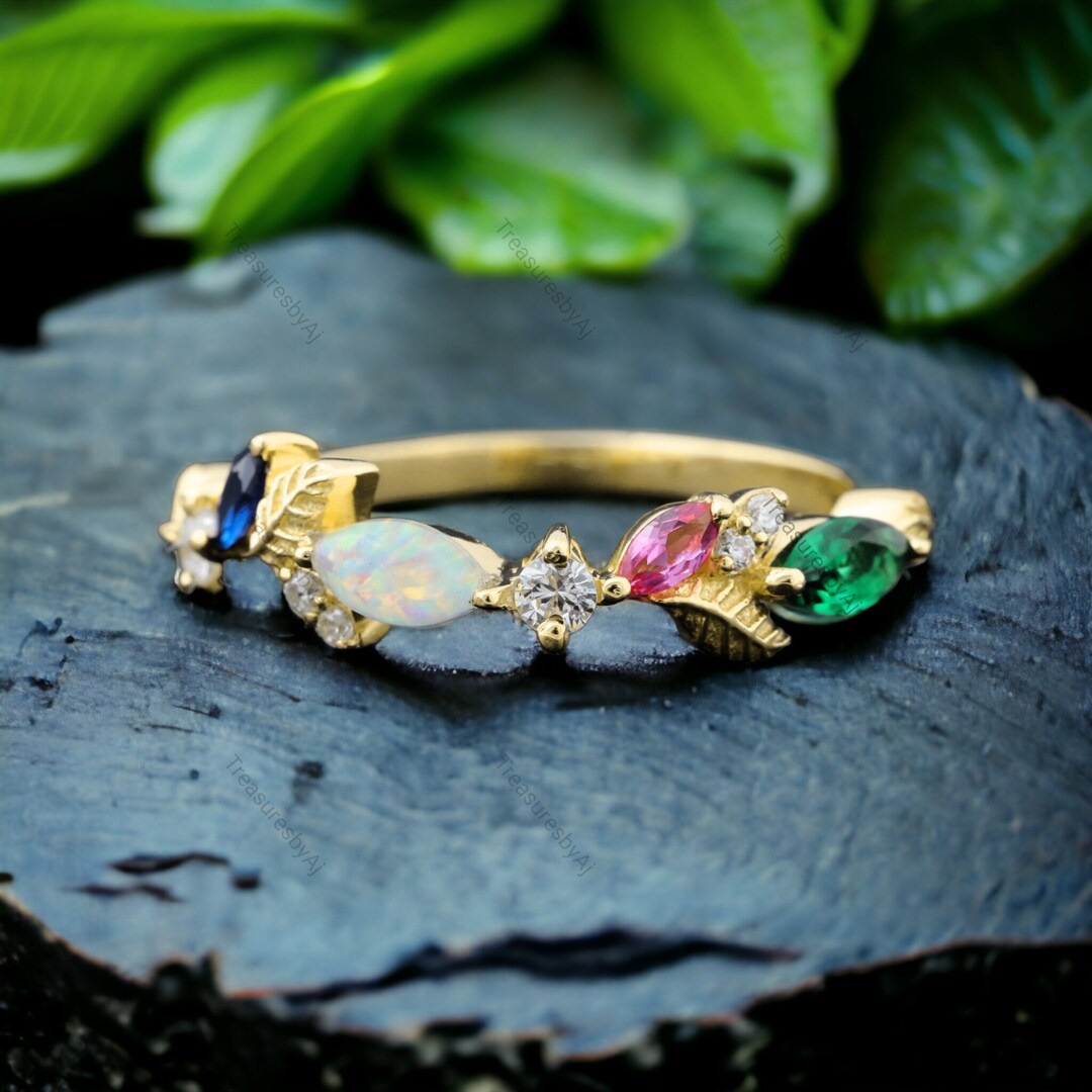 Unique Handcrafted Multi-gemstone Ring Yellow Gold Birthstones Ring ...