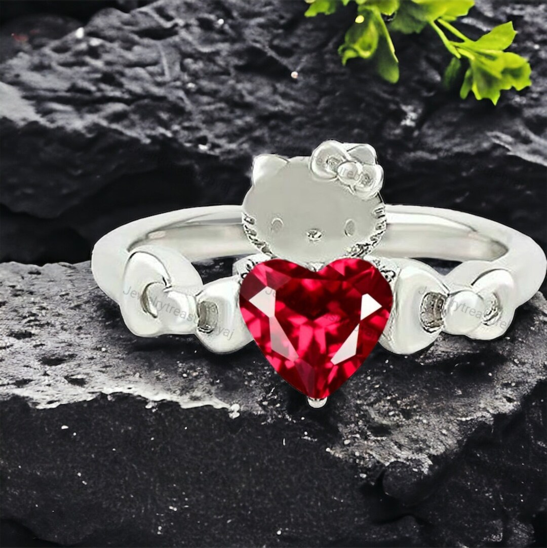 Heart Ruby Kitty Inspired Ring, Japanese Cartoon Novelty Ring ...