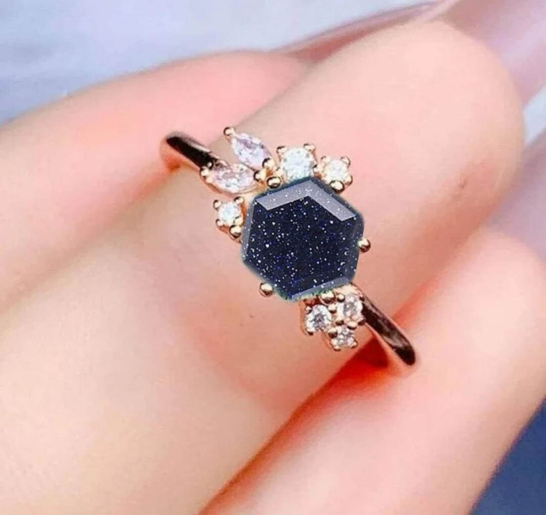 Blue Sandstone Ring, Hexagon Shaped Ring, Wedding Ring, Engagement Ring ...