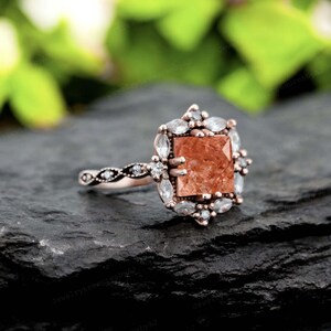 Natural Sunstone Unique Engagement Ring Marquise Cut Diamond Cluster ...