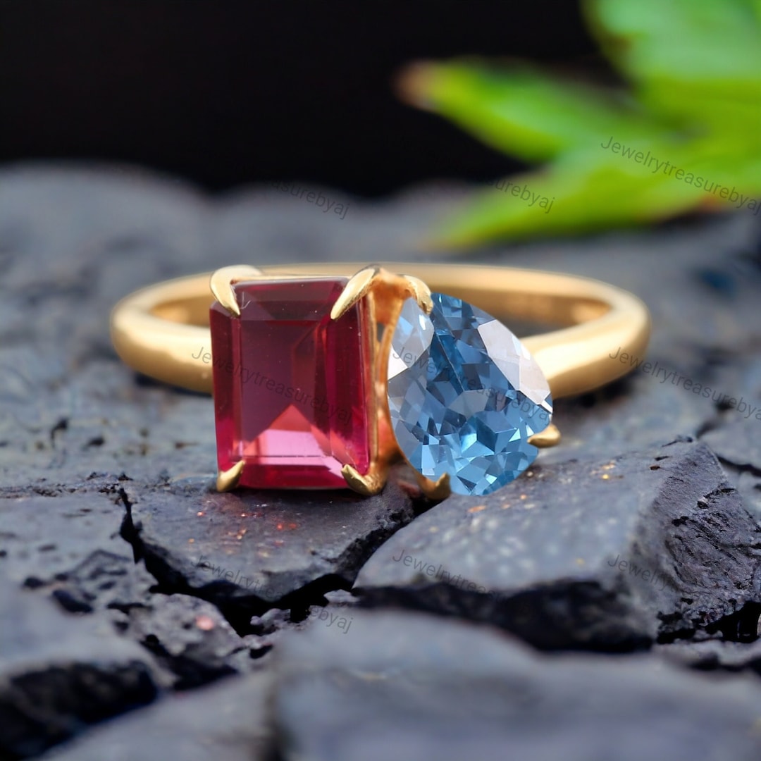 Emerald Cut Ruby Engagement Ring, Vintage Toi Et Moi Promise Ring, Two ...