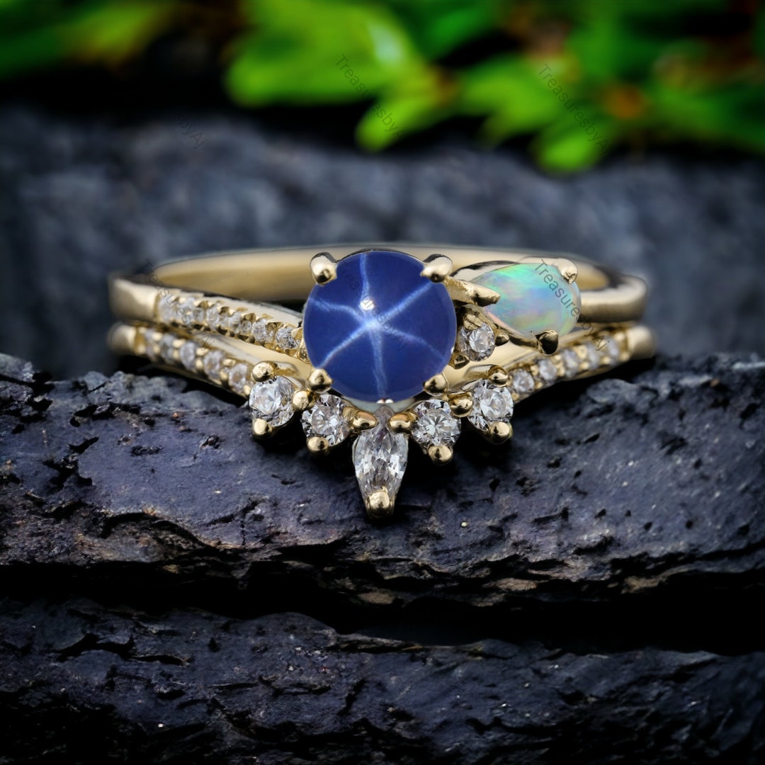 Unique Star Sapphire Engagement Ring Set, Pear Cut Opal Wedding Ring ...