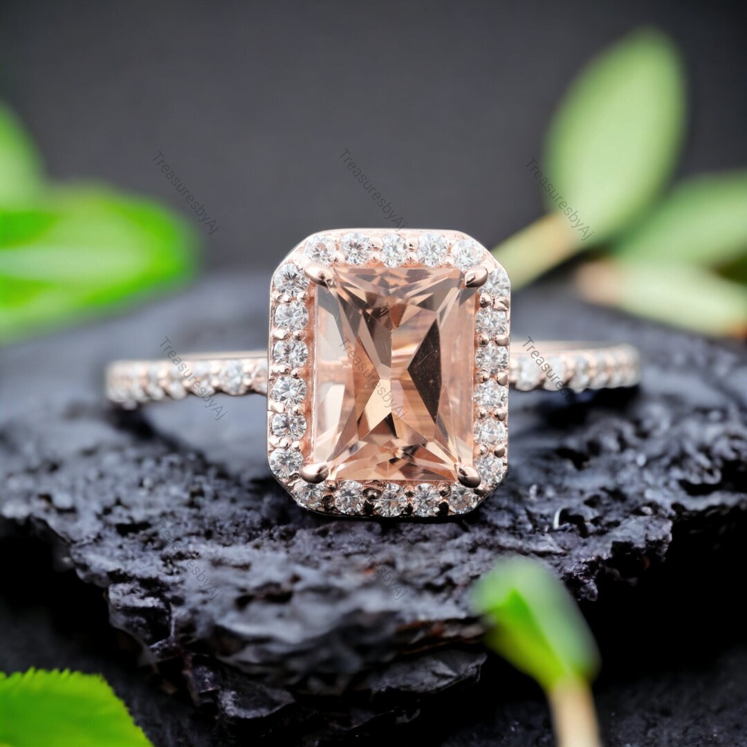 Emerald Cut Morganite Engagement Ring 14K Rose Gold Diamond Ring Peachy ...