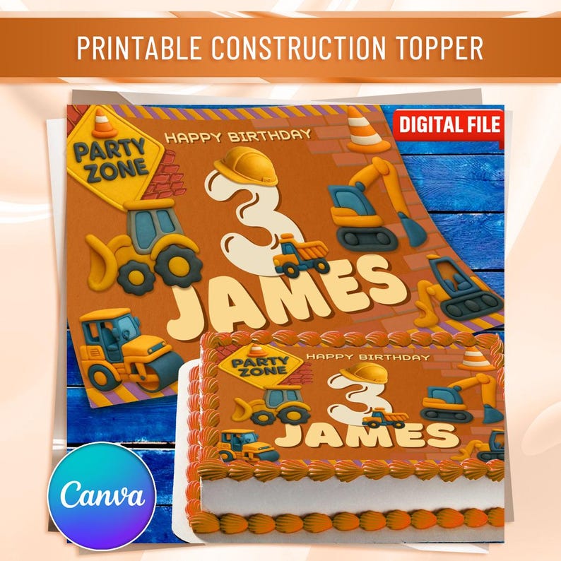 Editable Construction Birthday Cake Topper | Printable Canva Template ...