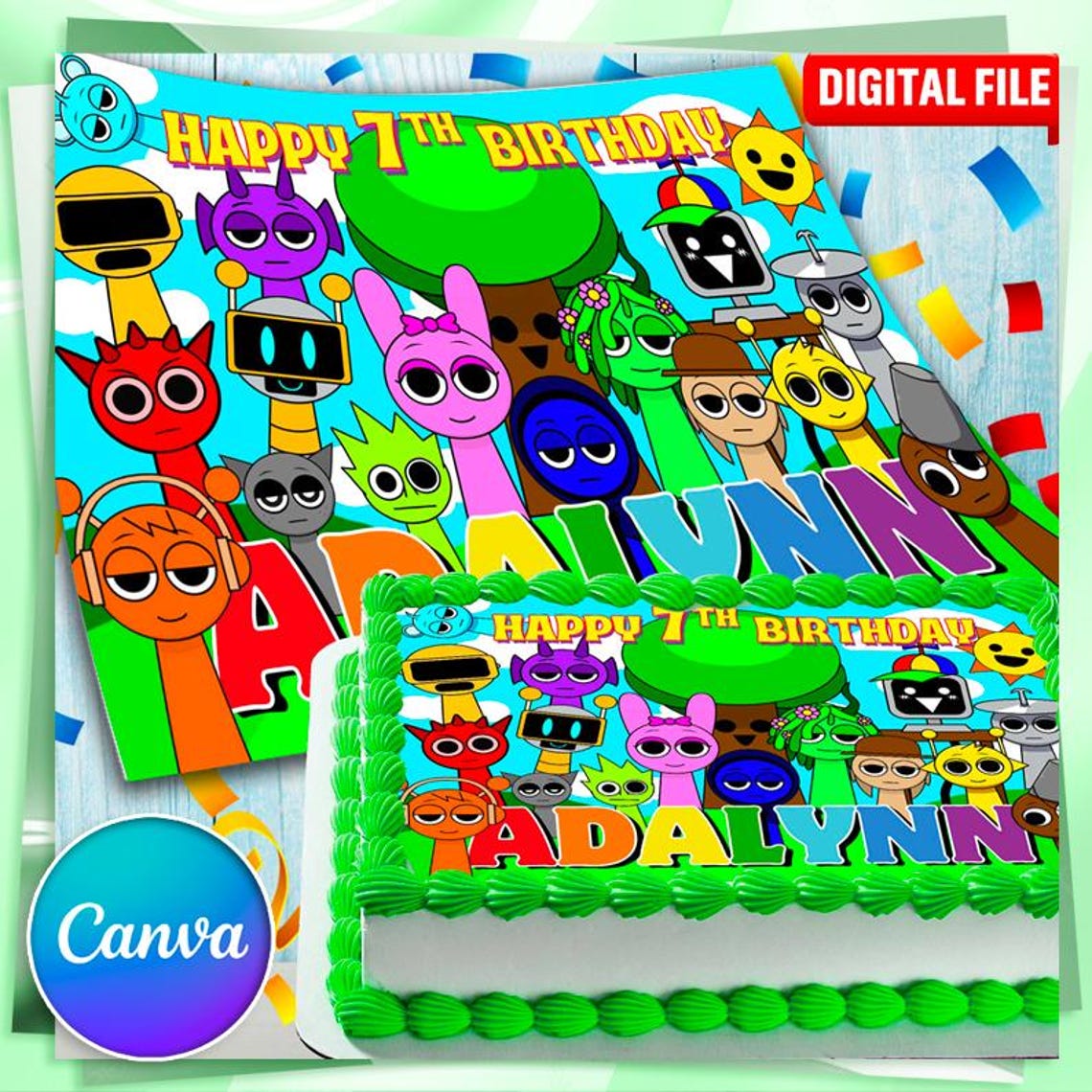 Editable Sprunki Birthday Cake Topper | Printable Canva Template 18x26 ...