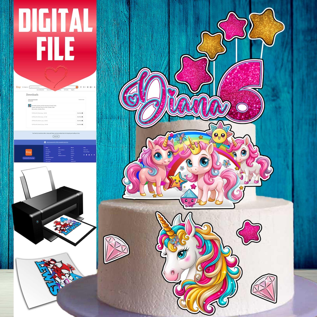 DIGITAL FILE Printable Set of Unicorns Cake Topper, Unicorns Birthday Party Cake Topper ...