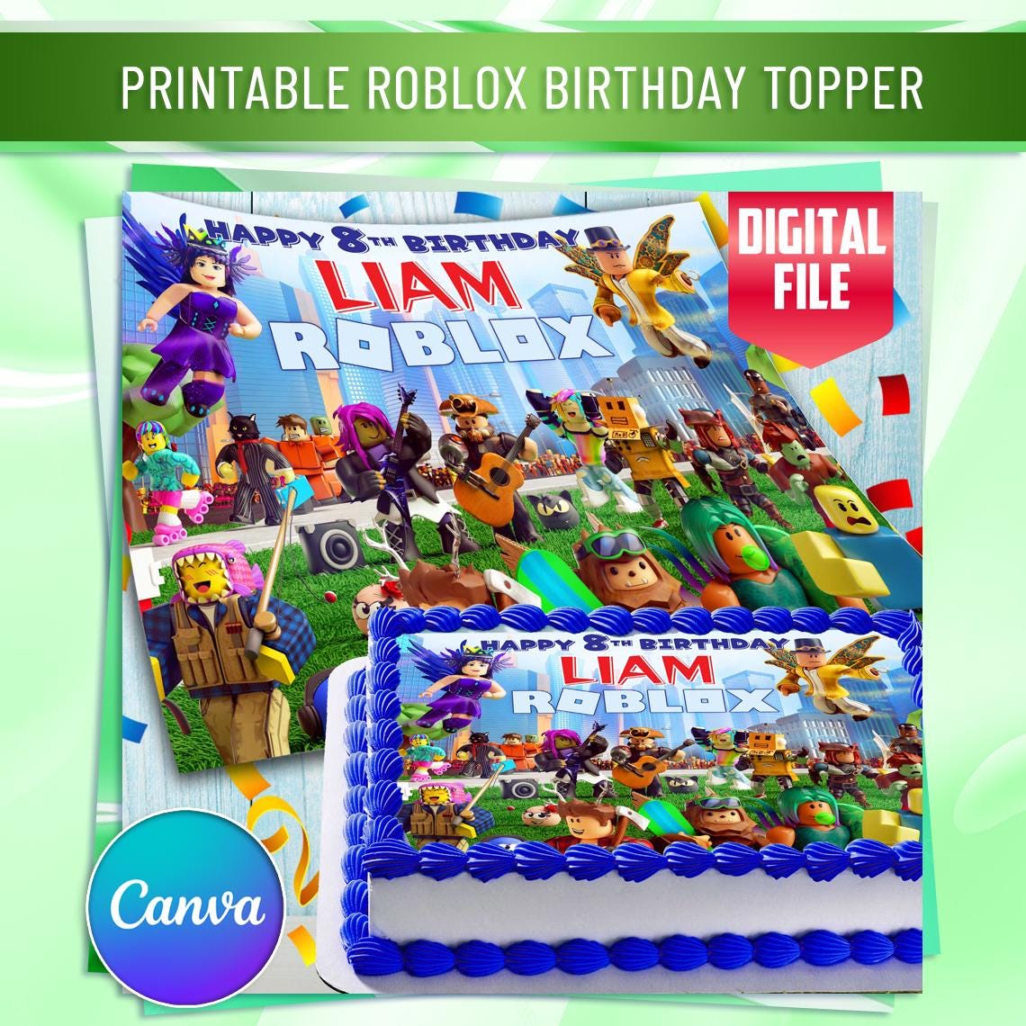 Editable Roblox Birthday Cake Topper | Printable Canva Template ...