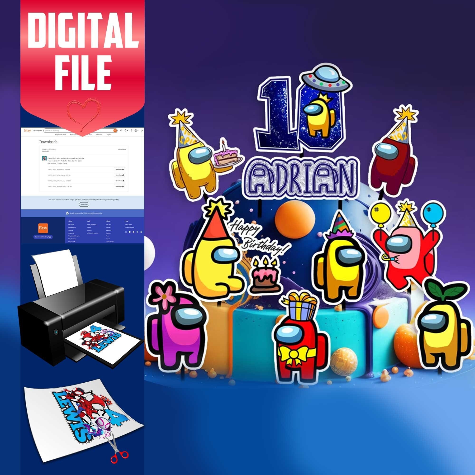 Printable Set of 10 Among Us Cake Topper, Birthday Party for Kids ...