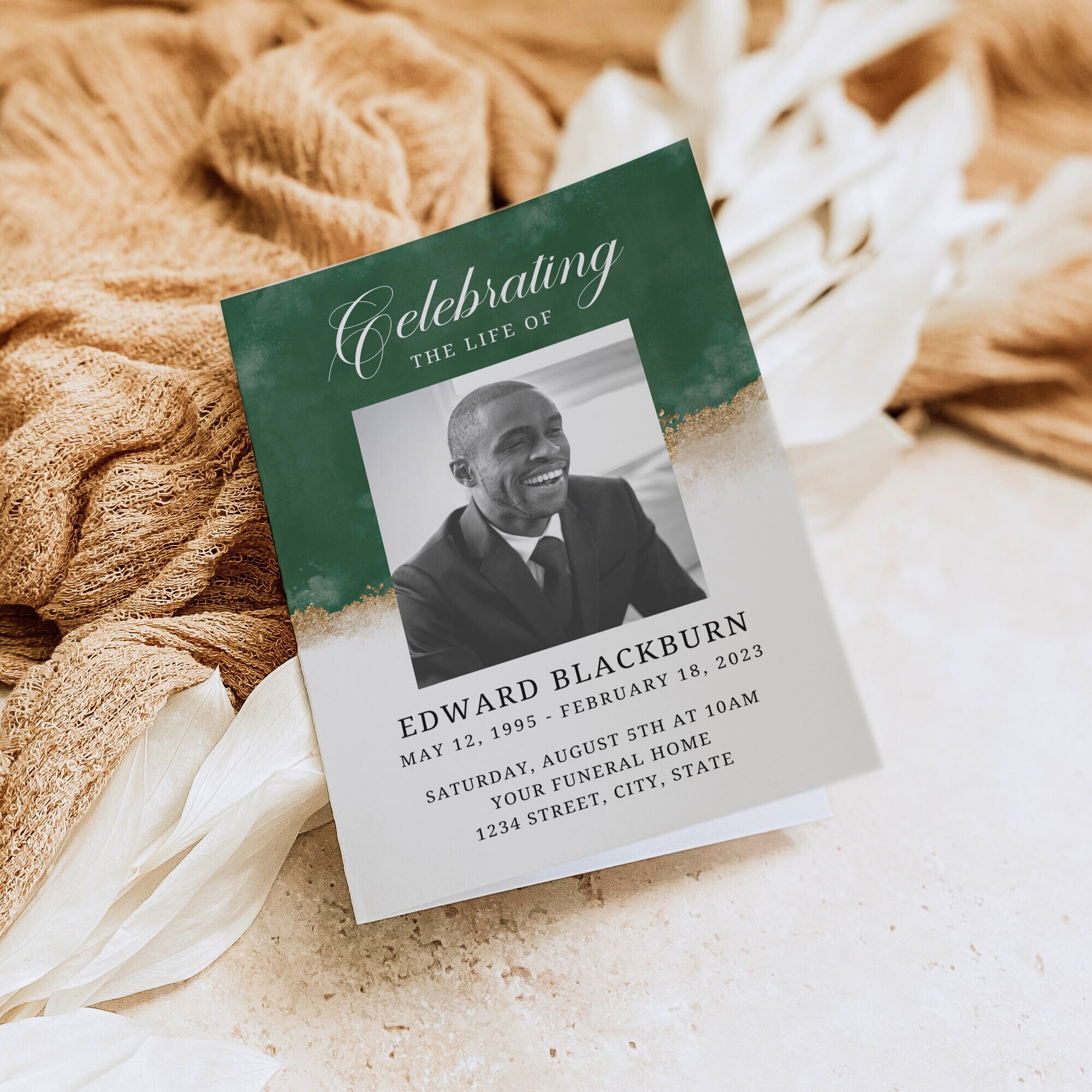 Emerald Funeral Program Template for Man, Green Order of Service ...