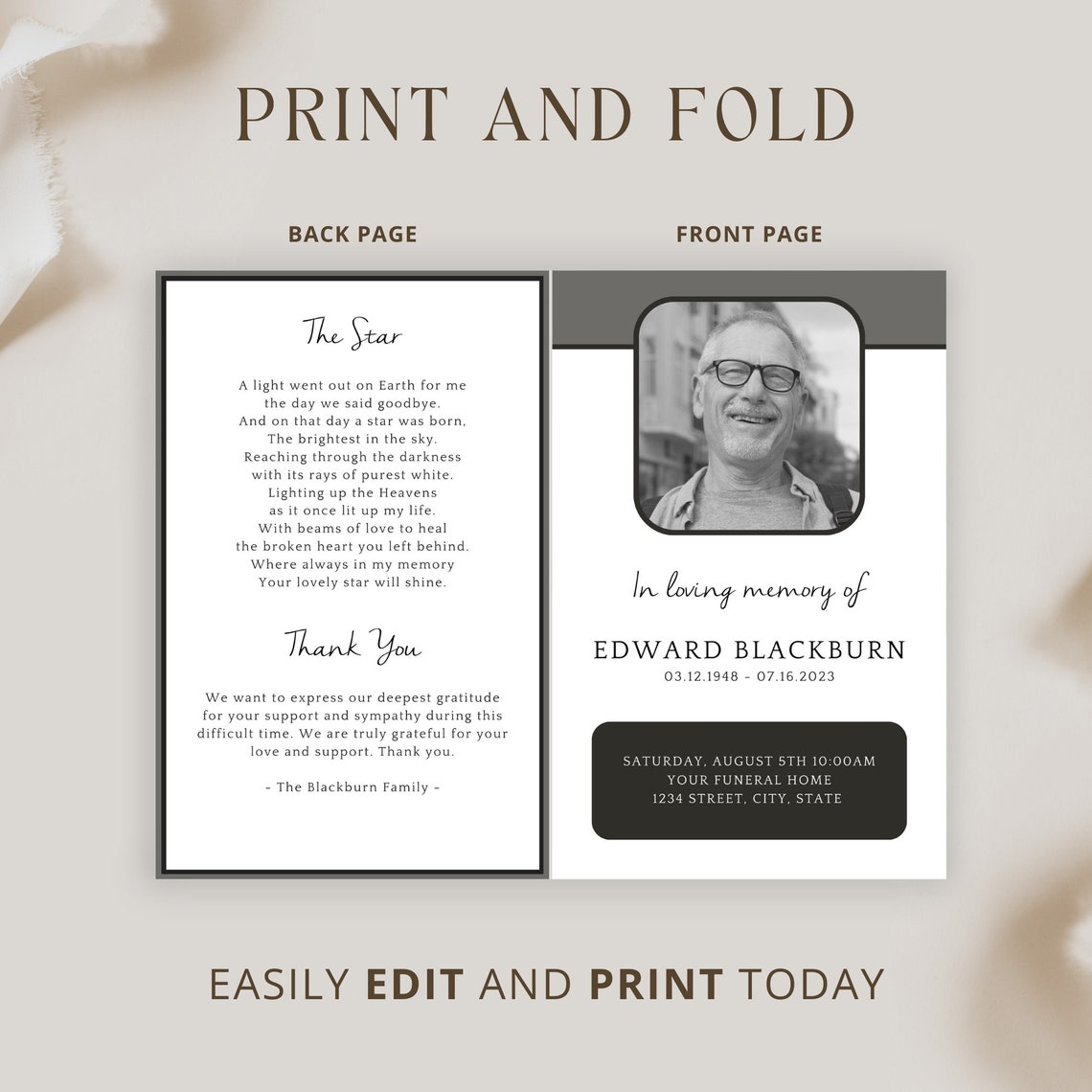 Masculine Funeral Program Template for Man, Bifold Funeral Program ...