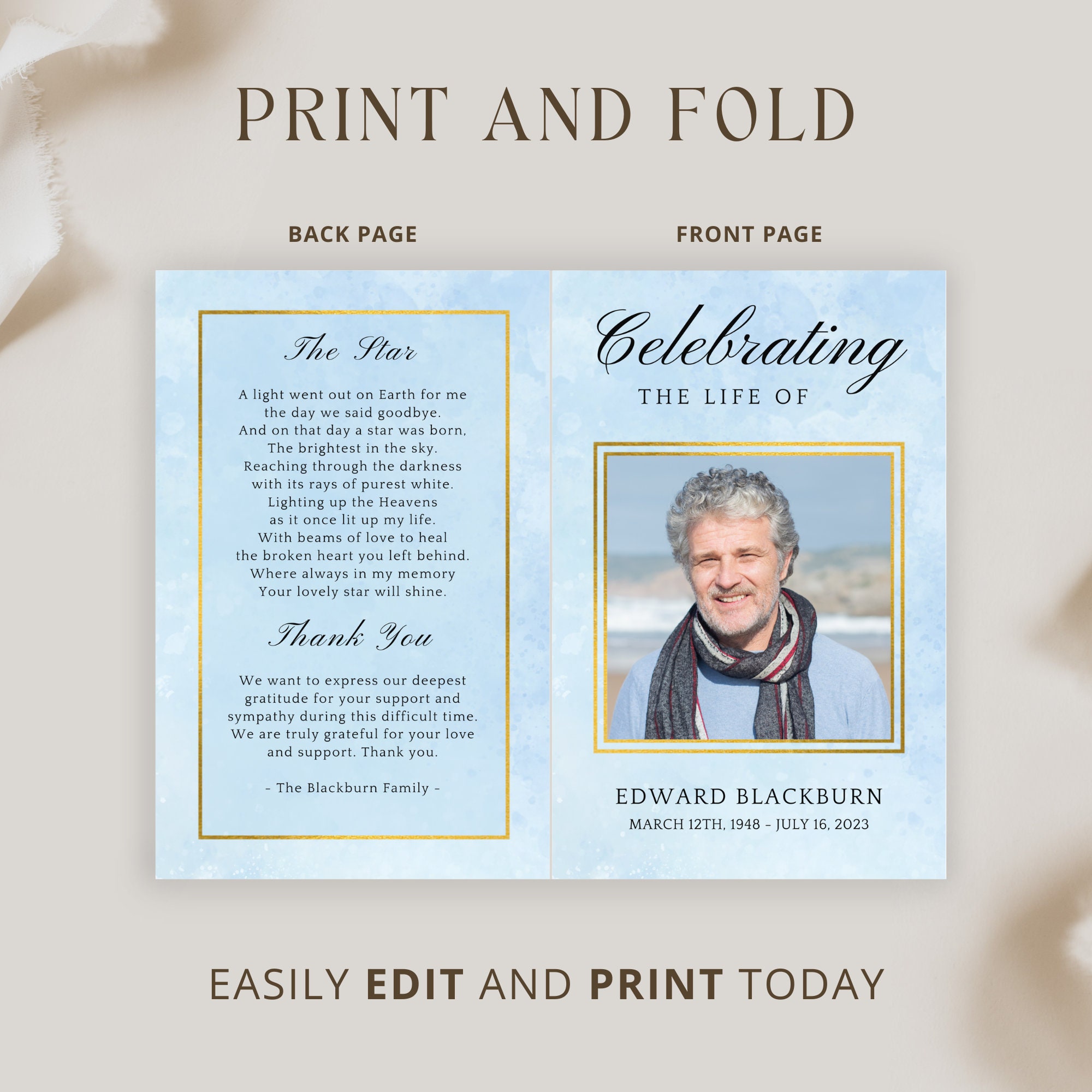 Editable Funeral Program for Men, Sky Blue Service Booklet, Printable ...
