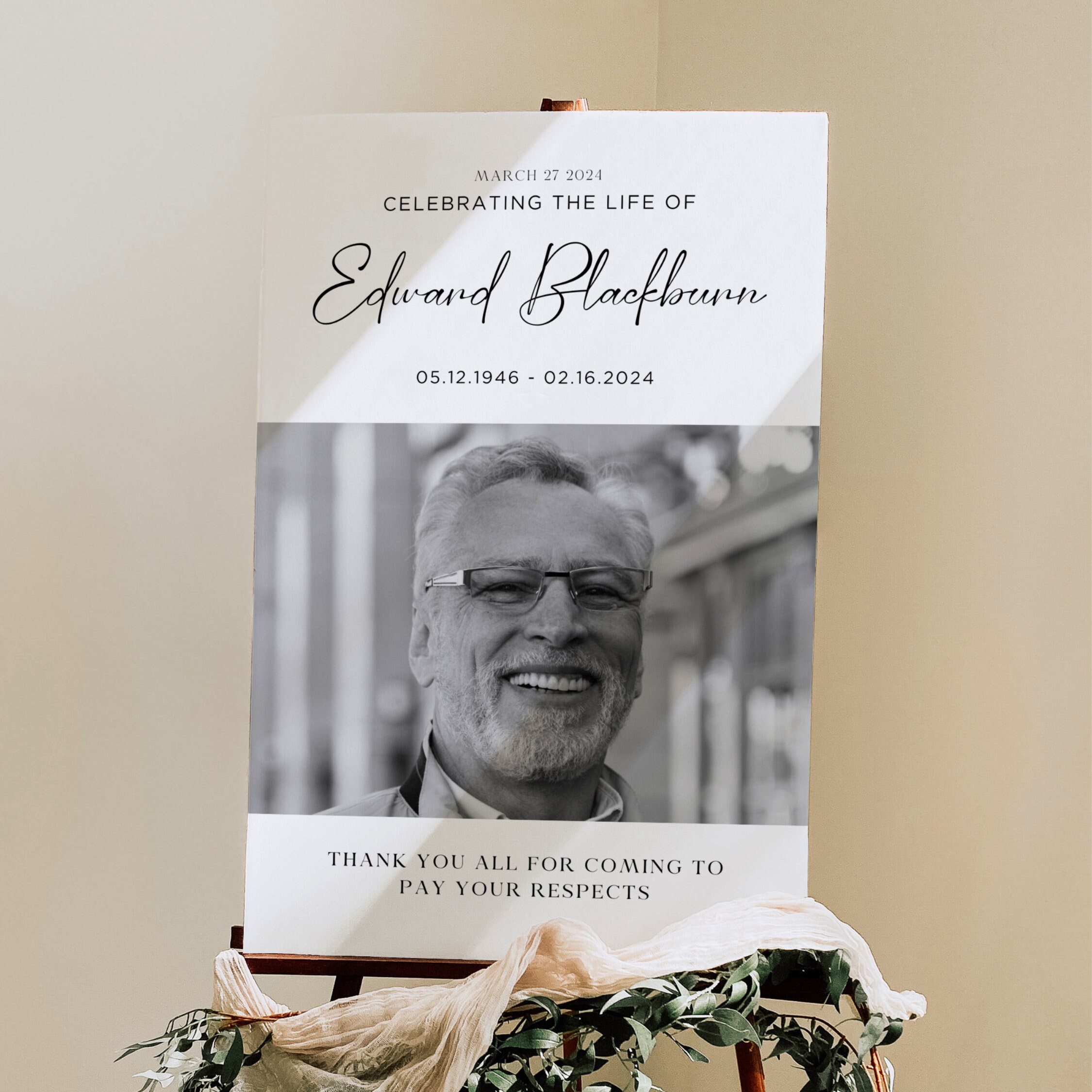 Minimal Funeral Poster for Man, Obituary Welcome Sign Template ...