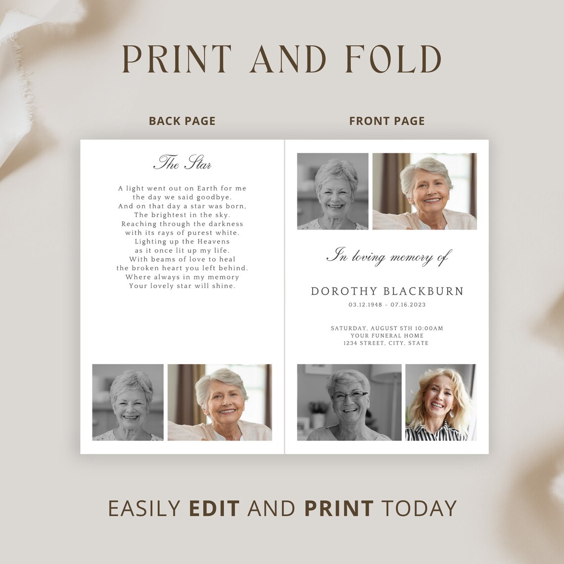 Unique Funeral Program Template, Printable Obituary Template, Editable ...
